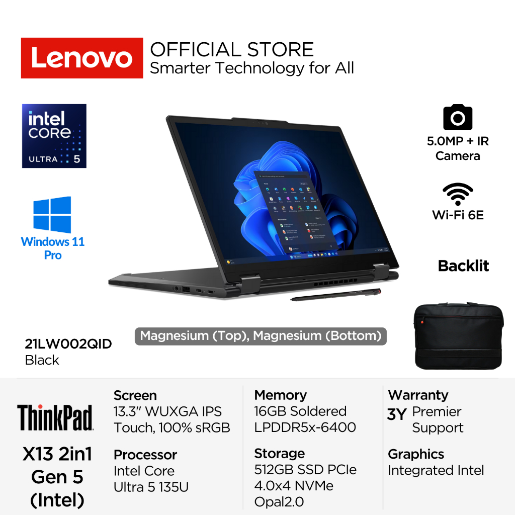 Jual Lenovo 2in1 ThinkPad X13 2in1 G5 2QID Intel Core Ultra 5 135U vPro ...