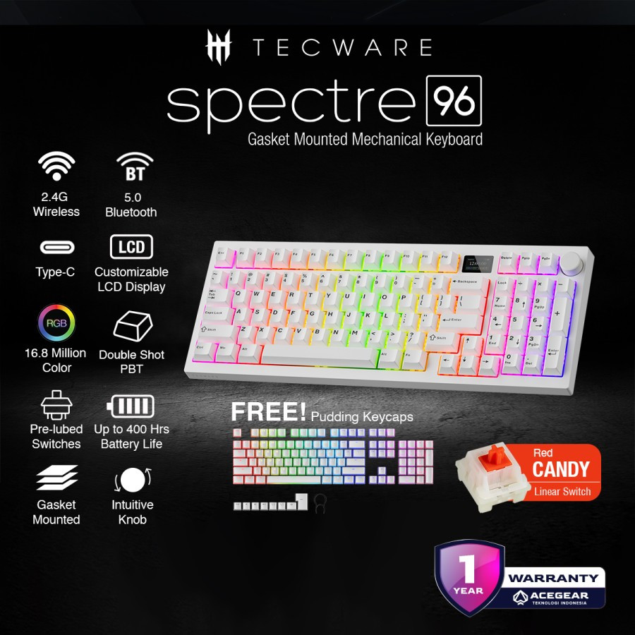 Jual TECWARE SPECTRE 96 WHITE WITH LCD AND KNOB CANDY RED SWITCH ...