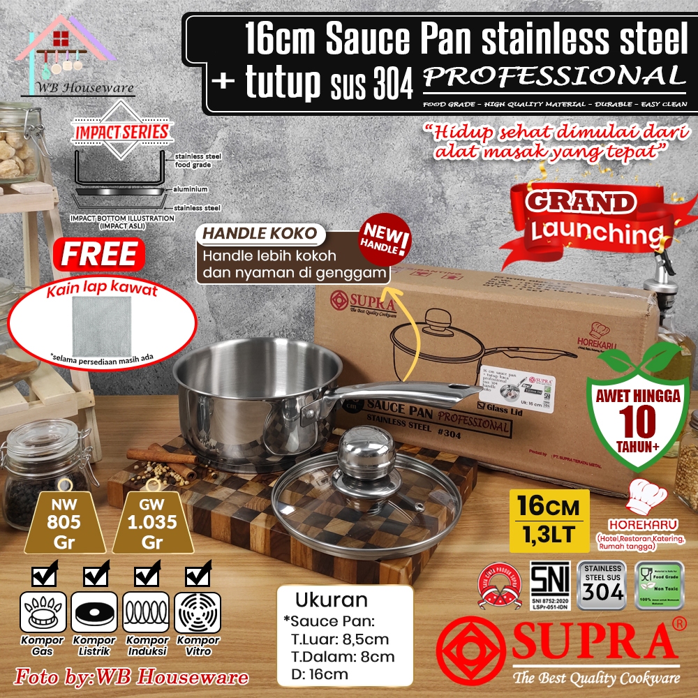 Jual SUPRA Panci Sauce pan 16cm stainless SUS 304 + tutup kaca ...