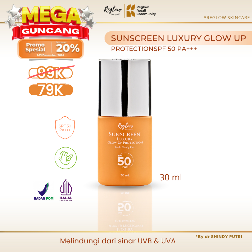 Jual REGLOW SUNSCREEN LUXURY GLOW UP SPF 50 PA+++ | Chemical Sunscreen ...