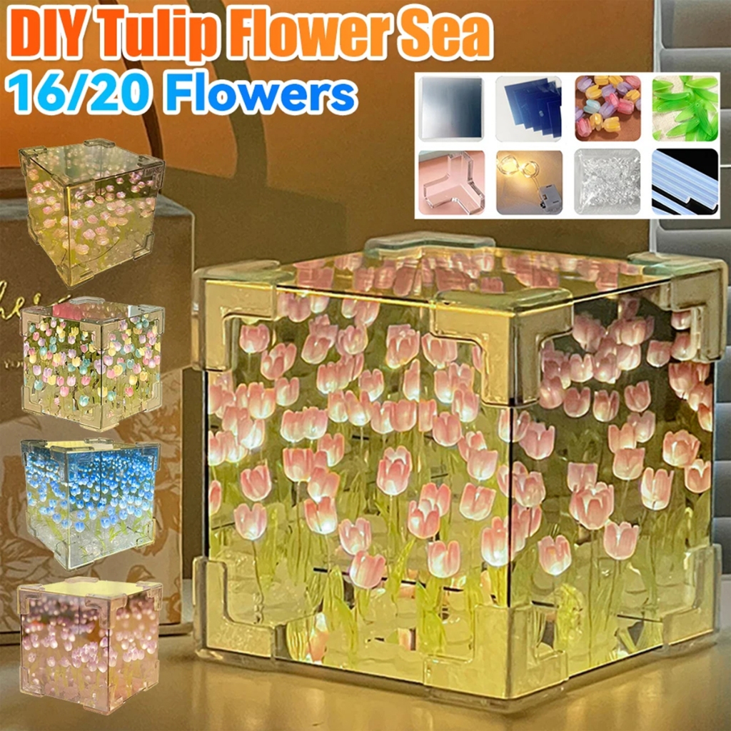 Jual 20 Bunga Tulip Lampu Kubus Rubik Lampu DIY Tulip Lampu Malam Bunga ...