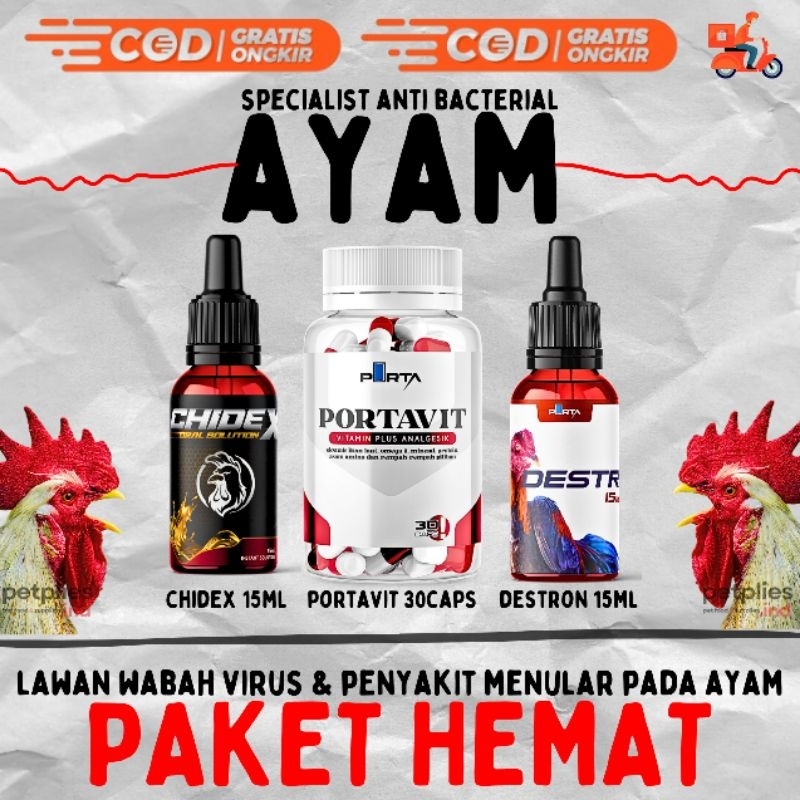 Jual PAKET OBAT DAN VITAMIN AYAM SAKIT MENULAR ARATAN SEMUA JENIS AYAM (PORTAVIT 30caps, CHIDEX ...