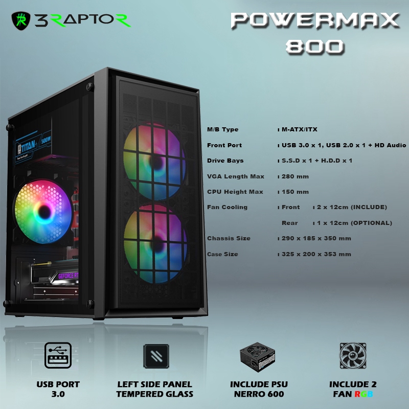 Jual Raptor PowerMax 800 PSU 500 Watt 2 Fan RGB 12cm m-ATX Gaming Case ...