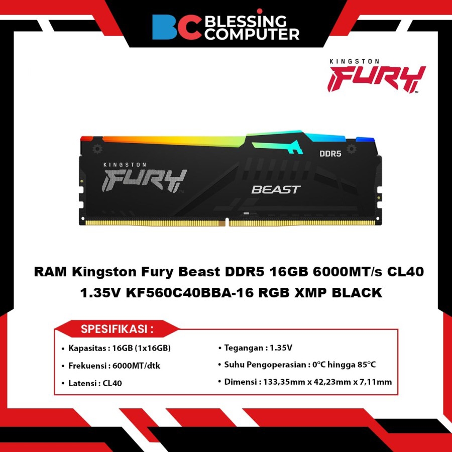 Jual RAM Kingston Fury Beast DDR5 16GB 6000MT/s CL40 1.35V KF560C40BBA-16 RGB XMP BLACK | Shopee ...