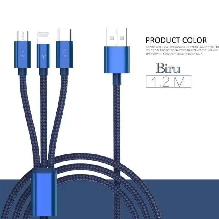 Jual Cable USB 3 in 1 Micro Type C Lightning iphone android panjang 1.2M | Shopee Indonesia