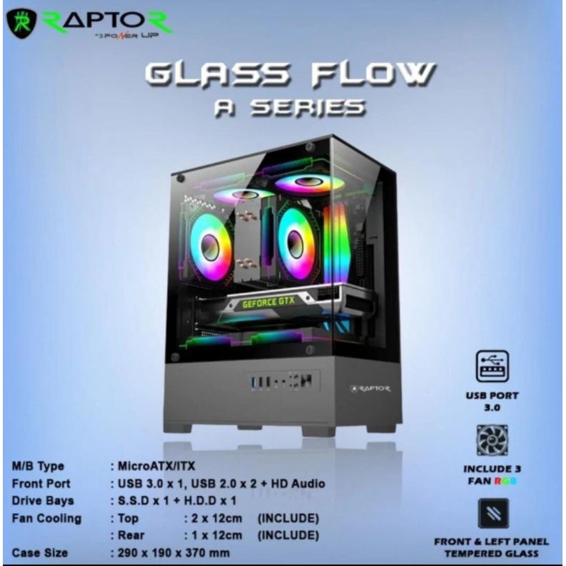 Jual Casing Raptor Glass Flow A Series Black + 3 Fan RGB mATX | Shopee ...