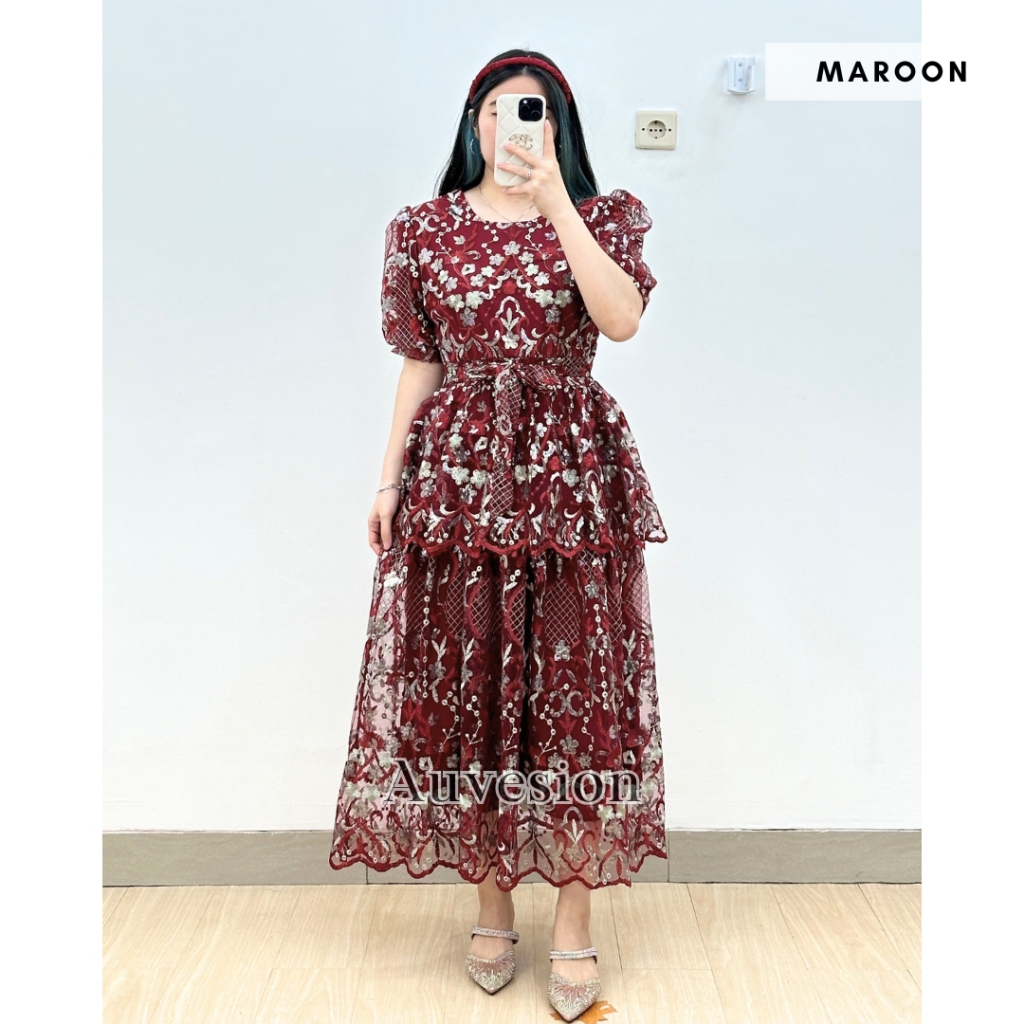 Jual AUVESION Marielle Ruffle Tile Brukat Midi Dress 6271 | Dress Pesta ...