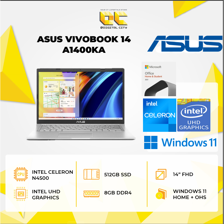 Jual ASUS VIVOBOOK 14 A1400KA N4500 8GB 512GB W11+OHS 14.0FHD BLIT SLV ...