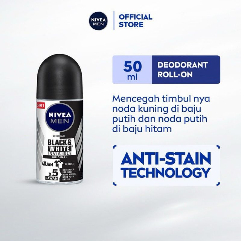 Jual NIVEA MEN Personal Care Deodorant Invisible Black & White Roll-On 50 ml | Shopee Indonesia