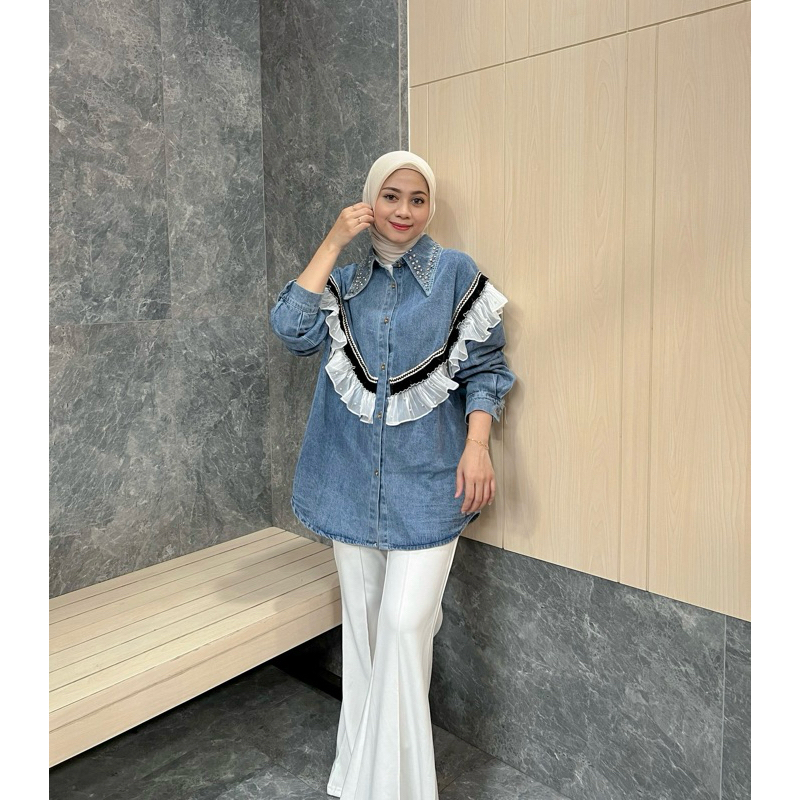 Jual Havenbyfatima - Kemeja Jeans Denim Wanita Renda Aksen Payet ...