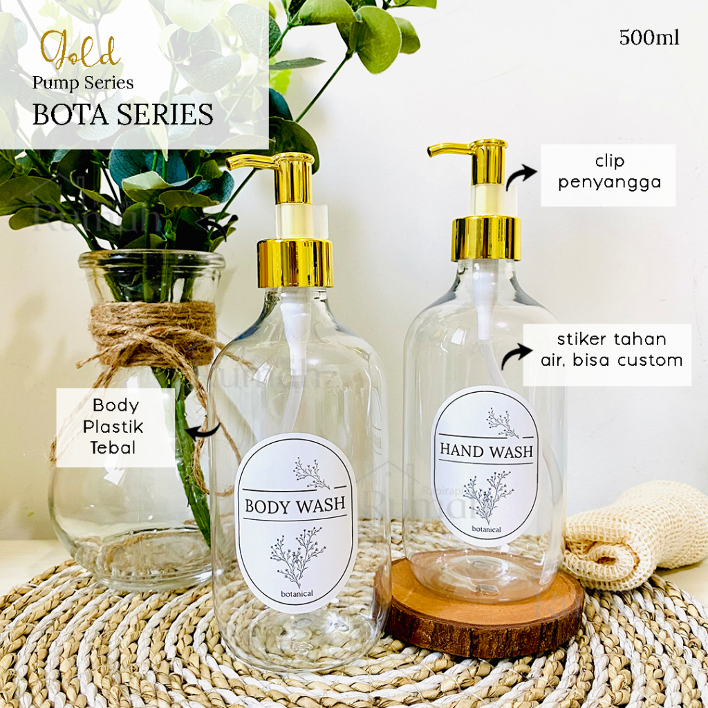 Jual BOTA 500 ML Botol Sabun Isi Ulang warna Clear / Transparan Pump Gold Plastik Body Wash ...