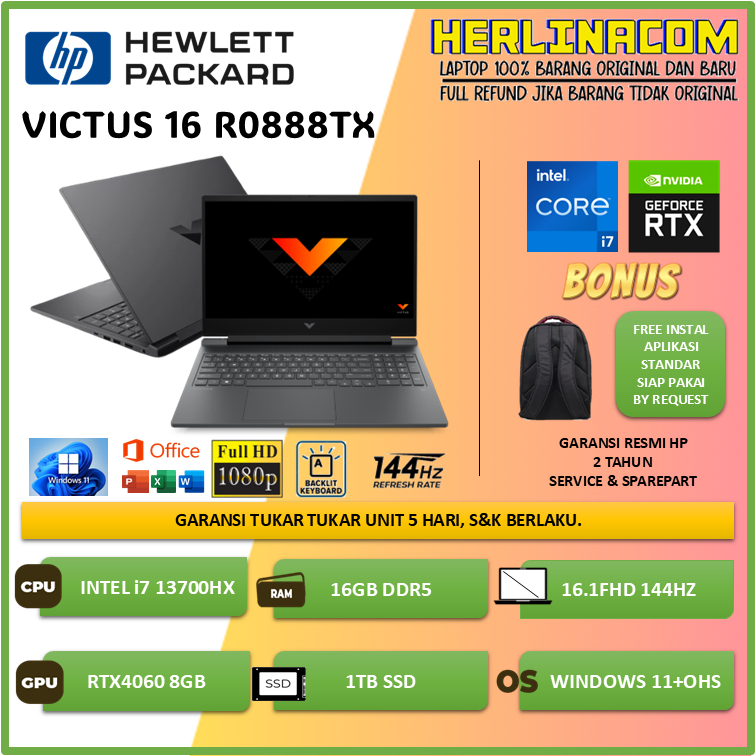 Jual HP VICTUS 16 R0888TX INTEL CORE i7 13700HX RTX4060 8GB/ 16GB 1TB ...