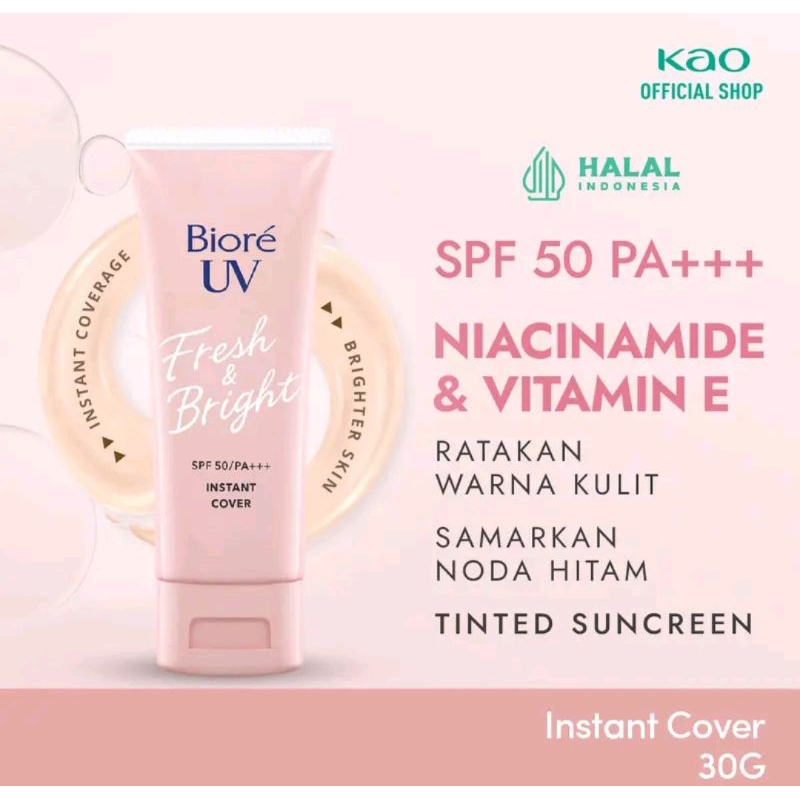 Jual Biore UV Fresh & Bright Instant Cover Sunscreen SPF50 PA+++ 30gr ...