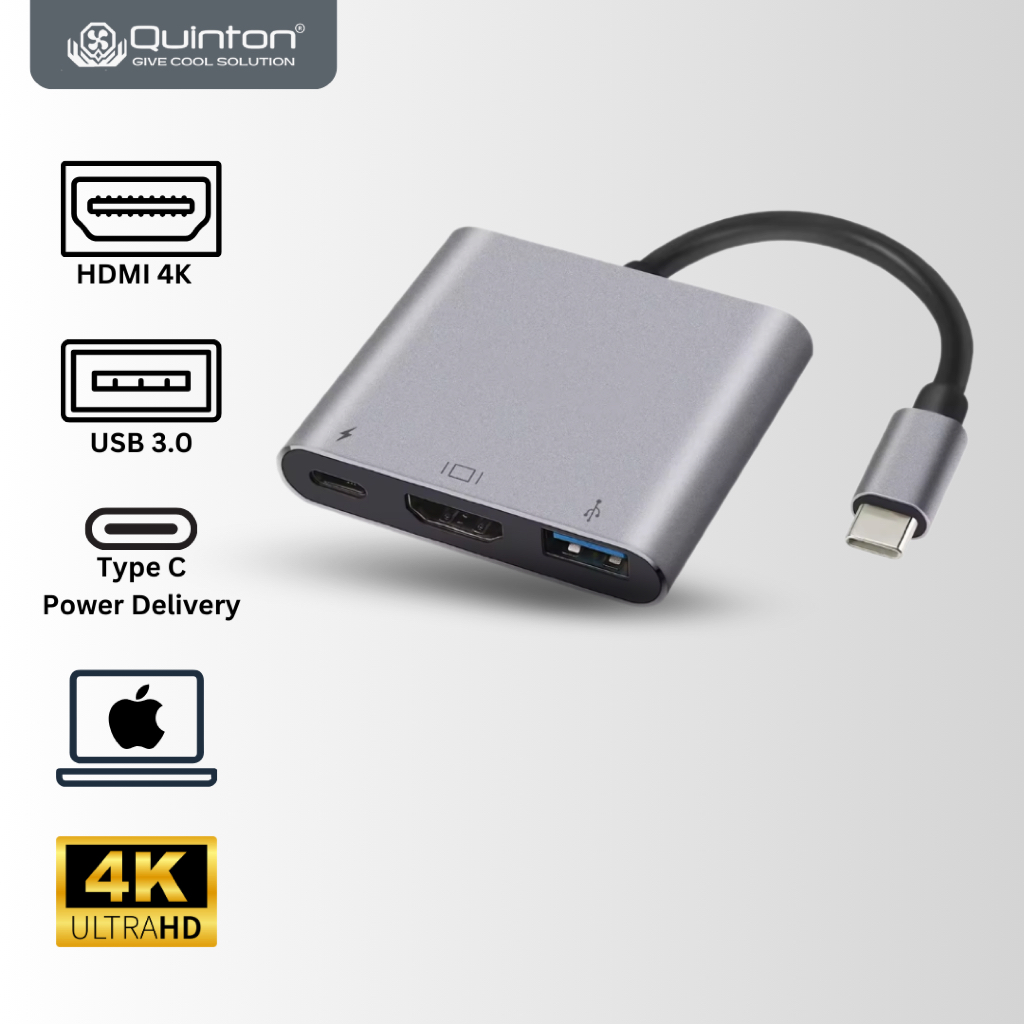 Jual QUINTON Type C hub 3 in 1 to HDTV DP 4K , Usb 3.0, PD Type C ...