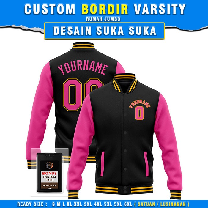 Jual Jaket Varsity Custom Bordir satuan HITAM PINK jaket seragam custom ...