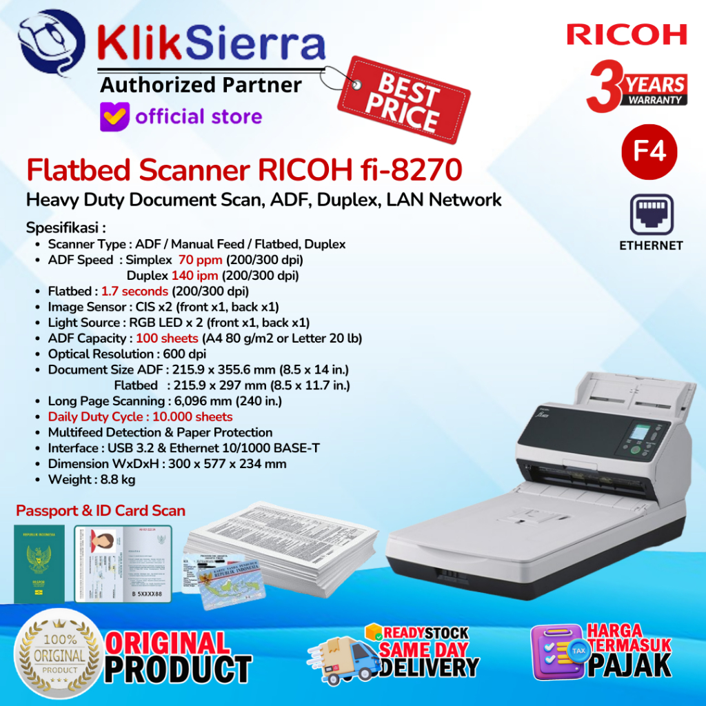 Jual RICOH fi-8270 Flatbed Scanner 70 ppm - ADF, Manual Feed, Duplex 140 ipm - FUJITSU fi8270 ...