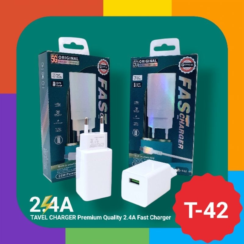 Jual T-42 Charger 2.4A Fast Charger For All Android, Micro Usb, Tipe C ...