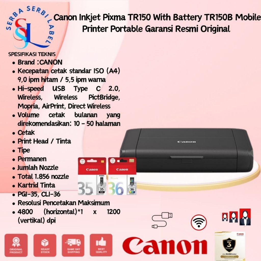 Jual Canon Inkjet Pixma TR150 With Battery TR150B Mobile Printer ...