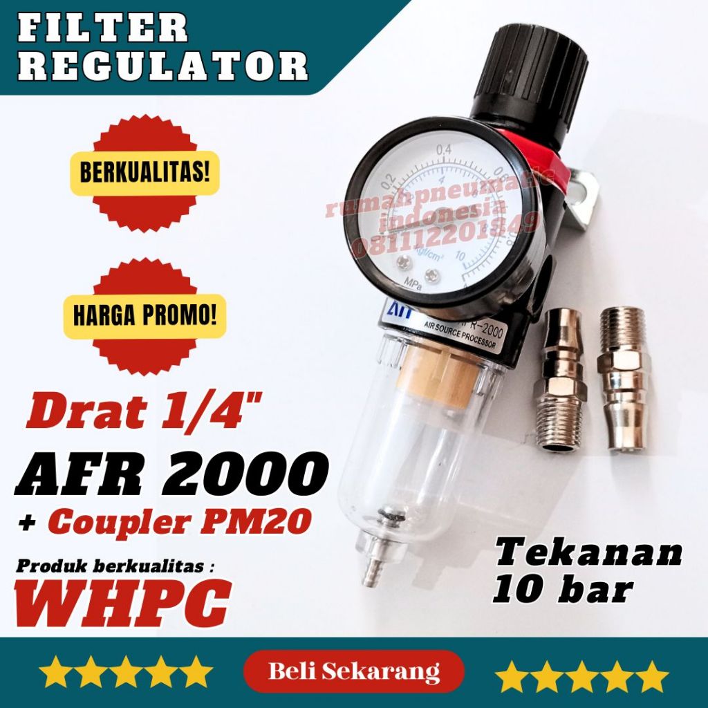 Jual SET FILTER REGULATOR AFR 2000 + COUPLER PM20 DRAT 1/4 in 10 bar ...