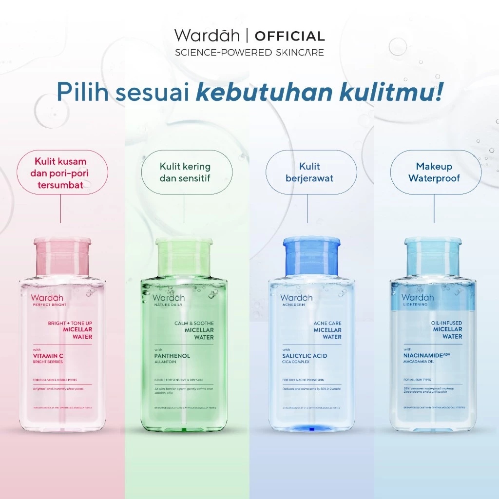 Jual Wardah Micellar Water All Series - Perfect Bright, Calm and Soothe Nature Daily, Acnederm ...
