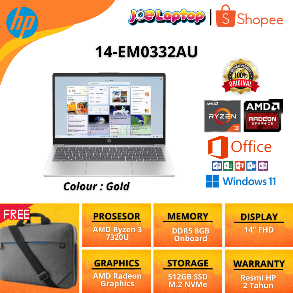 Jual HP 14-EM0332AU Gold AMD Ryzen 3 7320U Win11 OHS | Shopee Indonesia