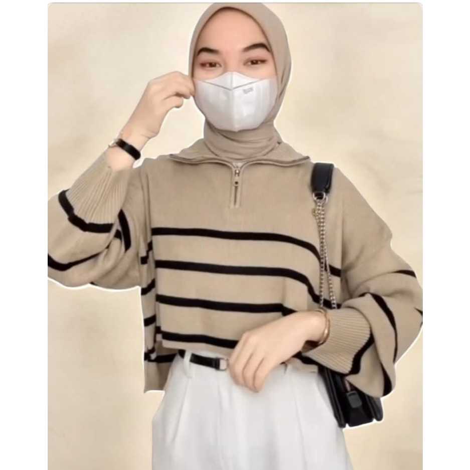 Jual ZIPPER SWEATER STRIPED CROP KNIT RAJUT PREMIUM // PAKAIAN ATASAN ...