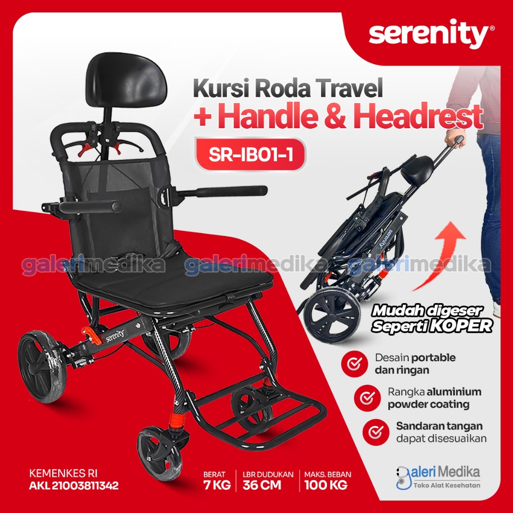 Jual Kursi Roda Travel Serenity T007 + Handle & Headrest Portable Wheelchair / Kursi Roda ...