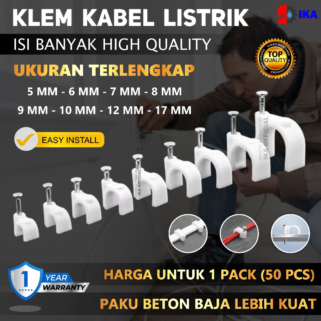 Jual Klem Kabel Listrik 5 6 7 8 10 12 50 PCS Klip Pengikat Kabel Paku ...