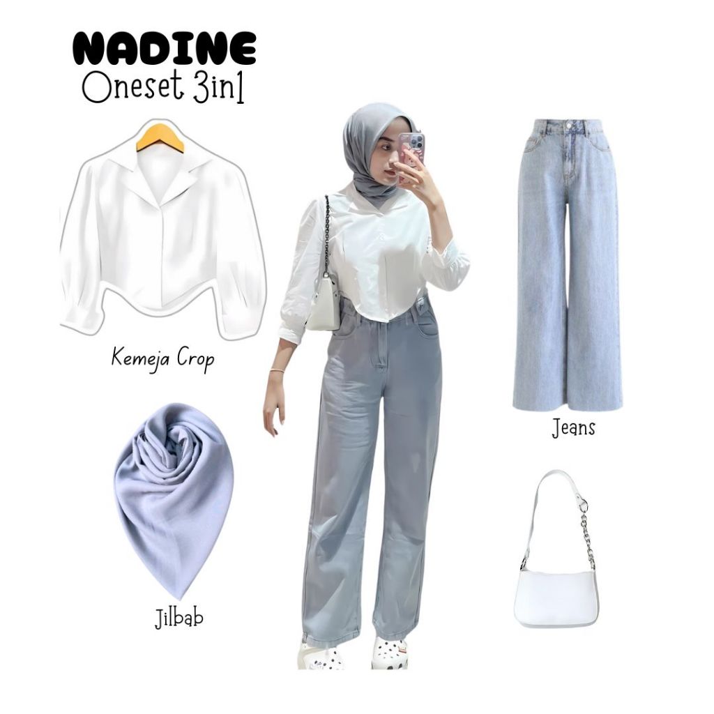 Jual one set outfit 3in1 kemeja crop putih celana jeans highwaist kulot jilbab bella | ootd ...