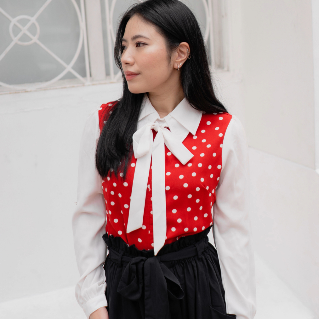 Jual FAME - Claire Blouse Wanita Lengan Panjang Polkadot Print Merah ...