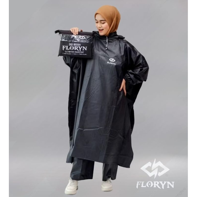 Jual FLORYN Jas Hujan Pria Wanita Setelan Ponco + Celana Mantel/Mantol/Ranicoat Anti Air HITAM ...