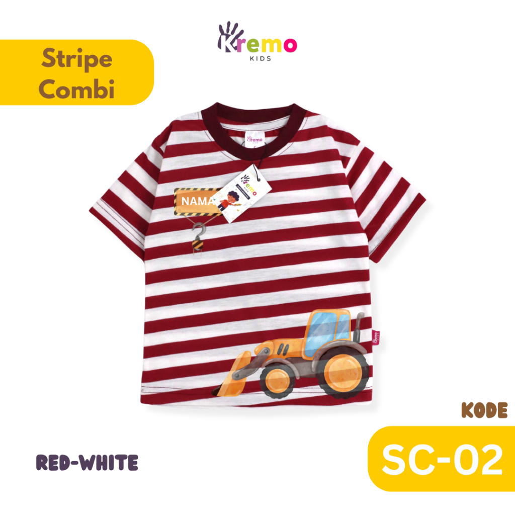 Jual Kremo kids - Kaos Salur Anak / Stripe Combi Series Excavator (SC02) /1 - 12 Tahun (Merah ...