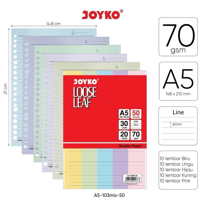 Jual Loose Leaf A5-103MIX-50 Color Isi Kertas File Binder Warna Joyko A5 50 Lembar | Shopee ...