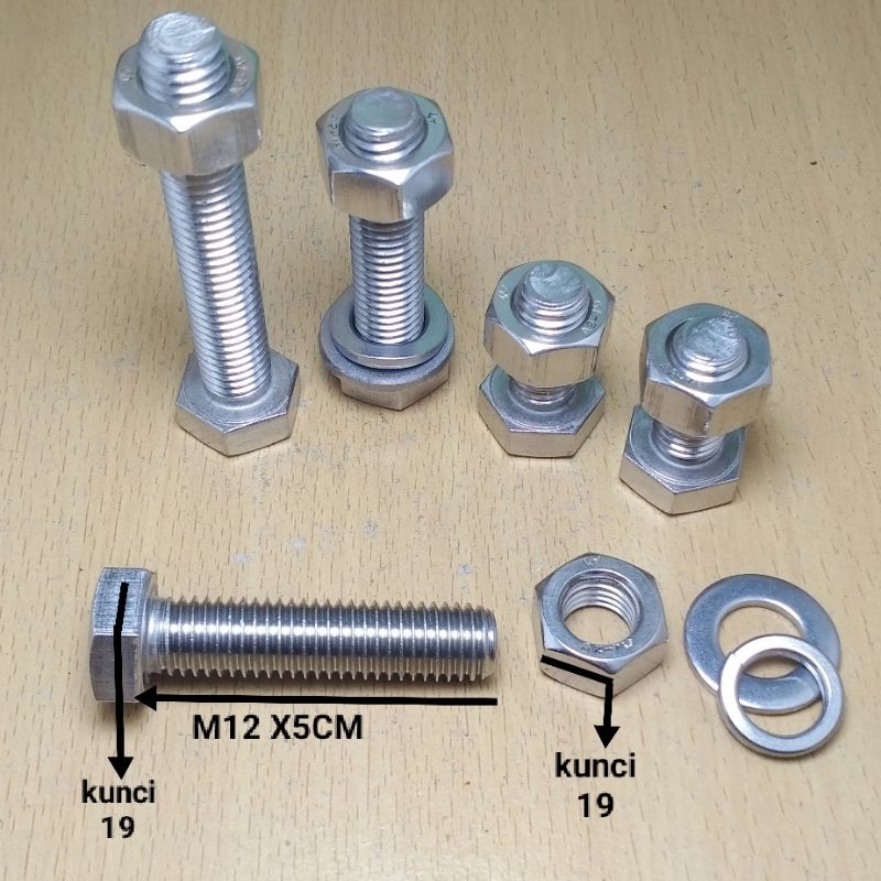 Jual baut mur m12 x 50mm pitch 1,75 stainless sus 304 baut mur stainless | Shopee Indonesia