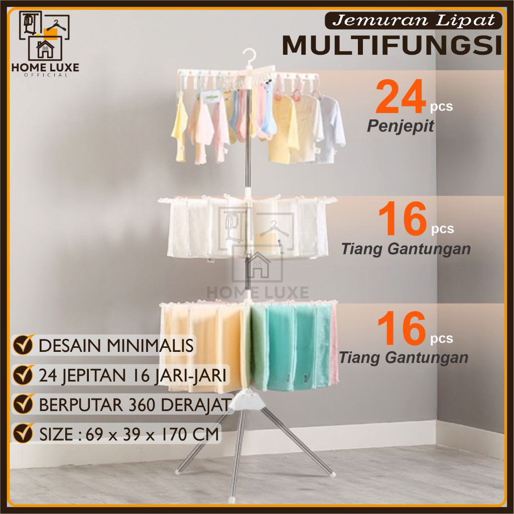 Jual HOMELUXE Jemuran Menara 3 Tingkat 16 Jari-Jari 24 Jepitan/Gantungan Baju Jemuran Lipat ...