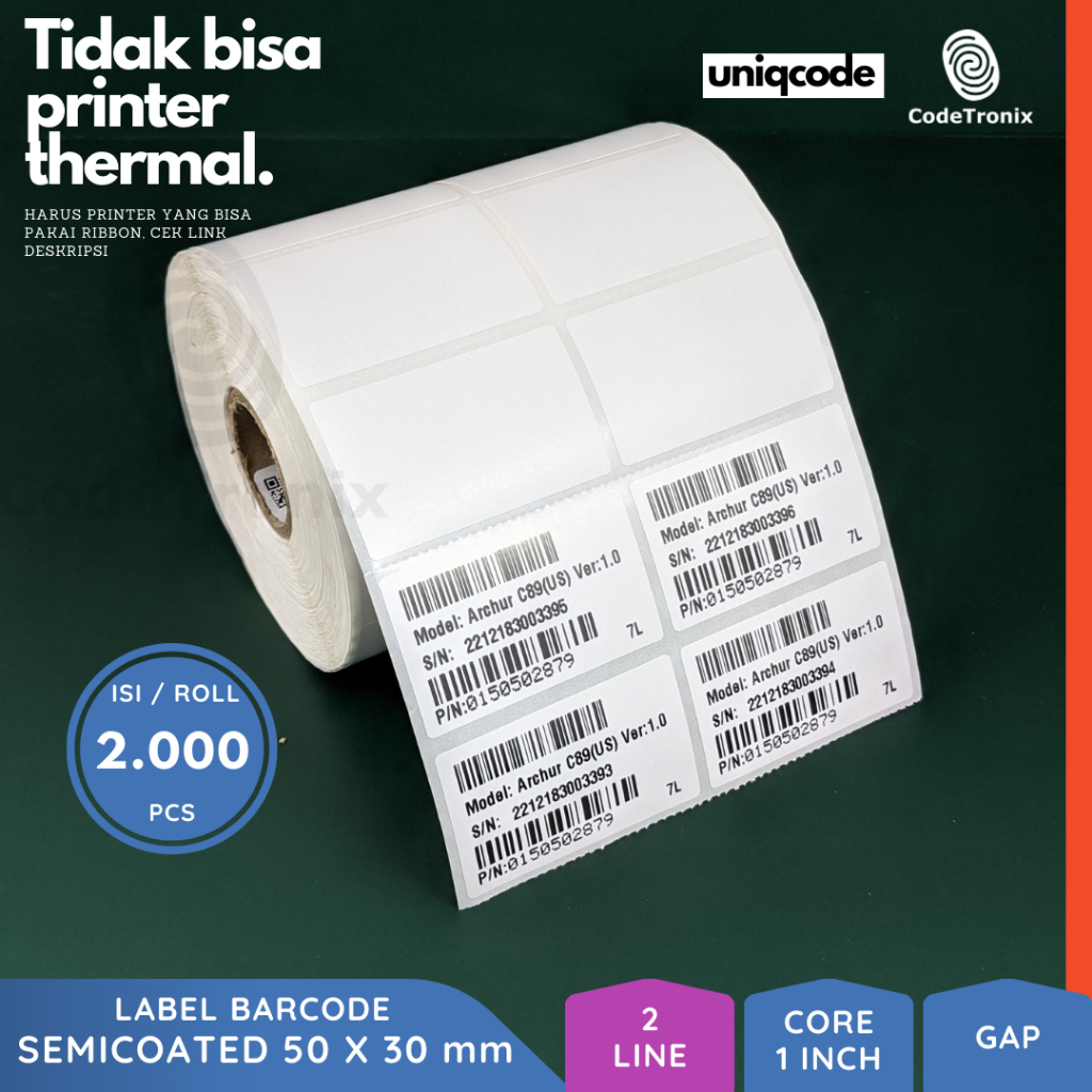 Jual Label Sticker Kertas Semicoated 50x30 Stiker Barcode Roll 2 Line ...