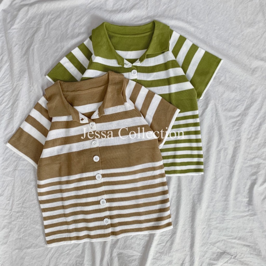 Jual Kemeja Rajut Kancing Stripe Kamelia FG Kaos Kerah Wanita Tangan ...