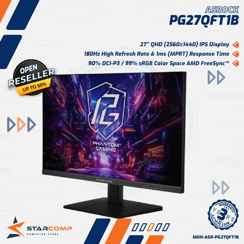 Jual LED MONITOR ASRock Phantom Gaming PG27QFT1B 27" 2K QHD IPS 180Hz 1ms - GAMING MONITOR ...