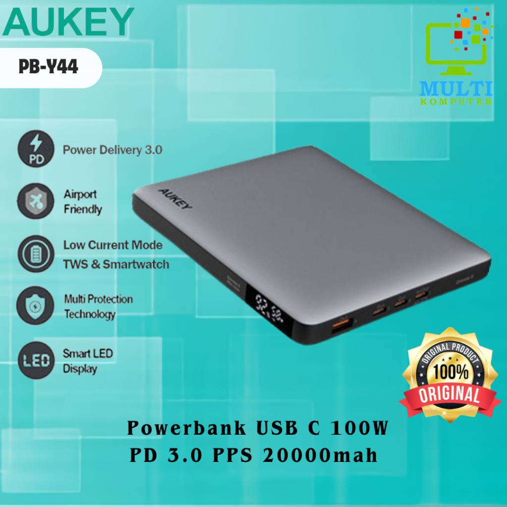 Jual AUKEY Powerbank 20000mah PB-Y44 Grey USB C 100W PD 3.0 PPS | Shopee Indonesia