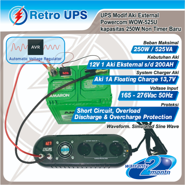Jual UPS Modif Aki External Powercom WOW-525U kapasitas 250W Non Timer ...