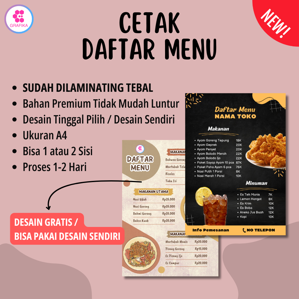 Jual Cetak Daftar Menu Makanan Rumah Makan dan Restoran Anti Air, Sudah ...