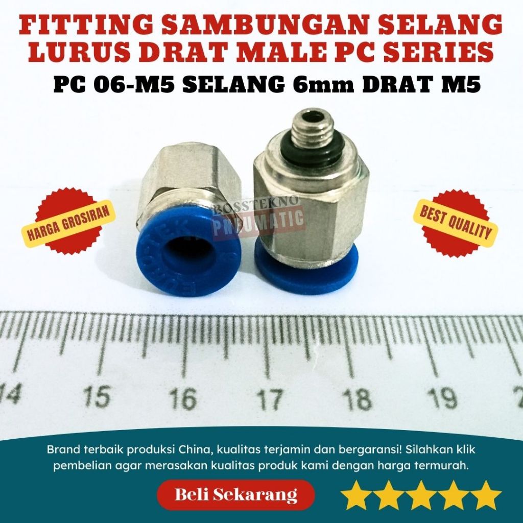 Jual FITTING PC 6mm DRAT M5 M8 1/8 1/4 3/8 1/2 in SAMBUNGAN SELANG ANGIN PNEUMATIC 10 bar ...
