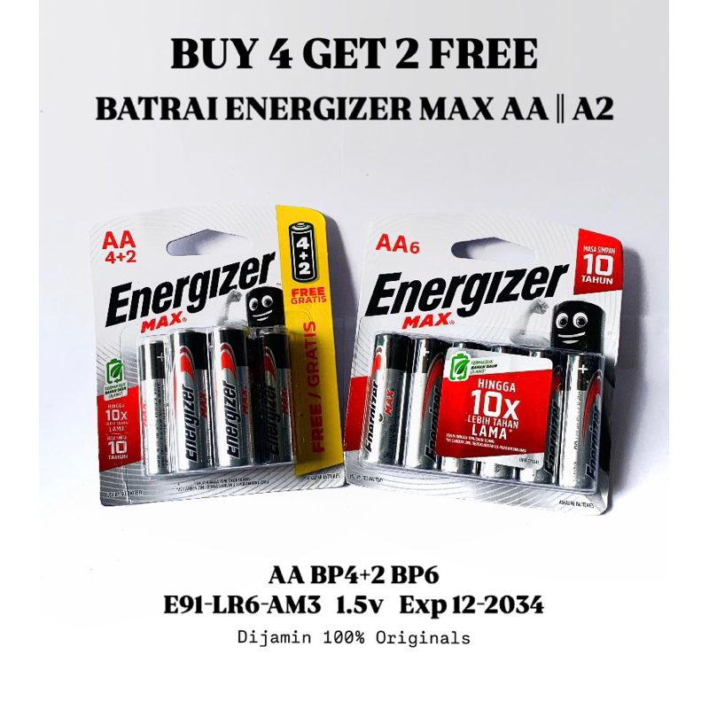 Jual BUY 4 GET 2 BATRAI ENERGIZER MAX SIZE AA MASA SIMPAN 10 TAHUN ...