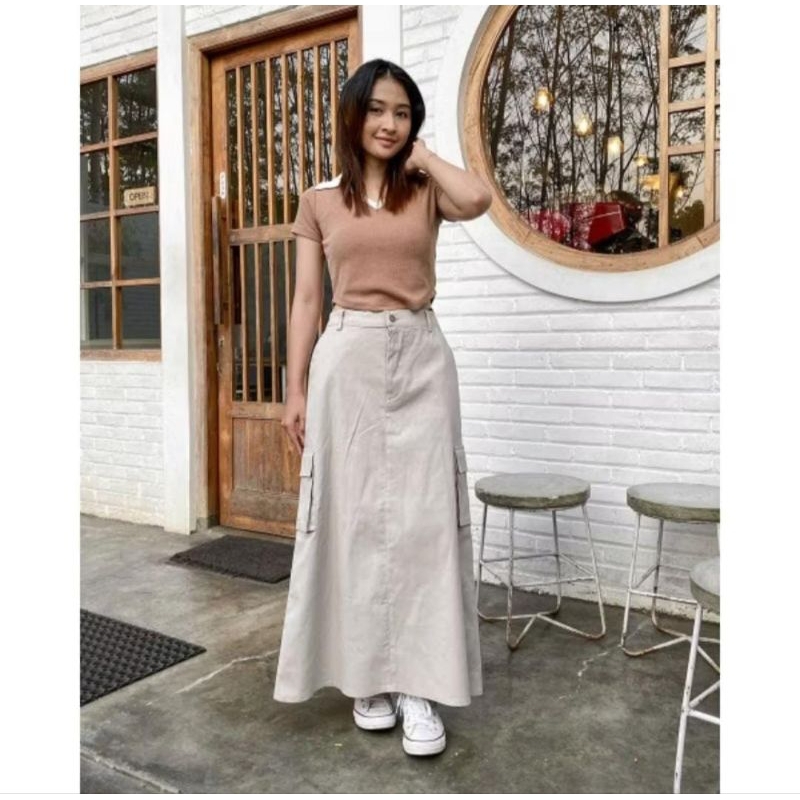 Jual Rok Cargo Wanita Panjang Wanita Bahan Twill Premium / Rok Cargo ...