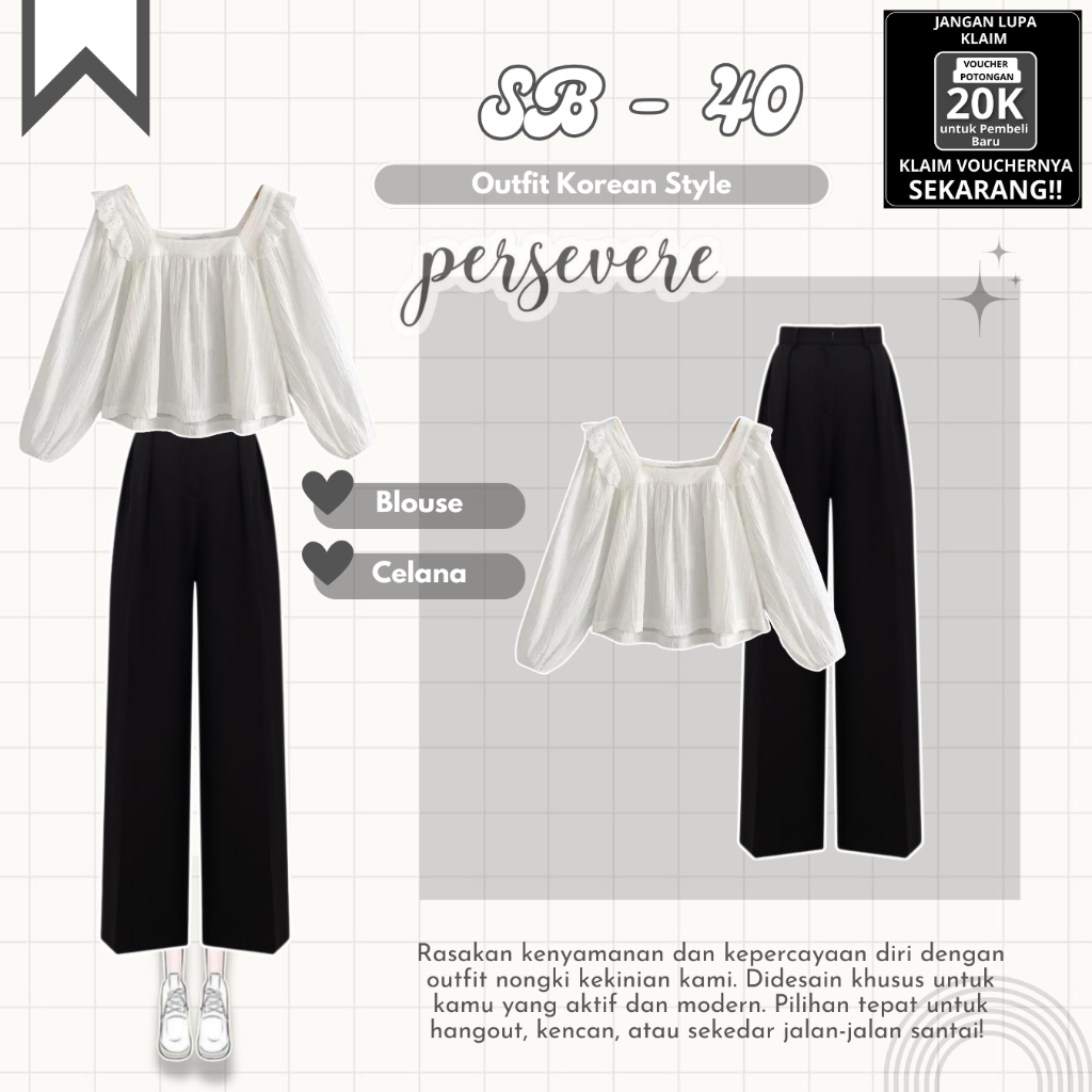 Jual One Set Wanita ( Blouse Crinkle Putih , Celana Knite Hitam ) OOTD ...
