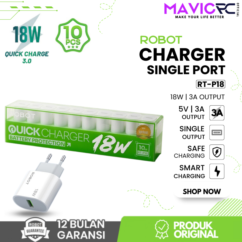 Jual [1 BOX 10 PCS] ROBOT RT-P18 Travel Charger Quick Charge 3A 18W ...