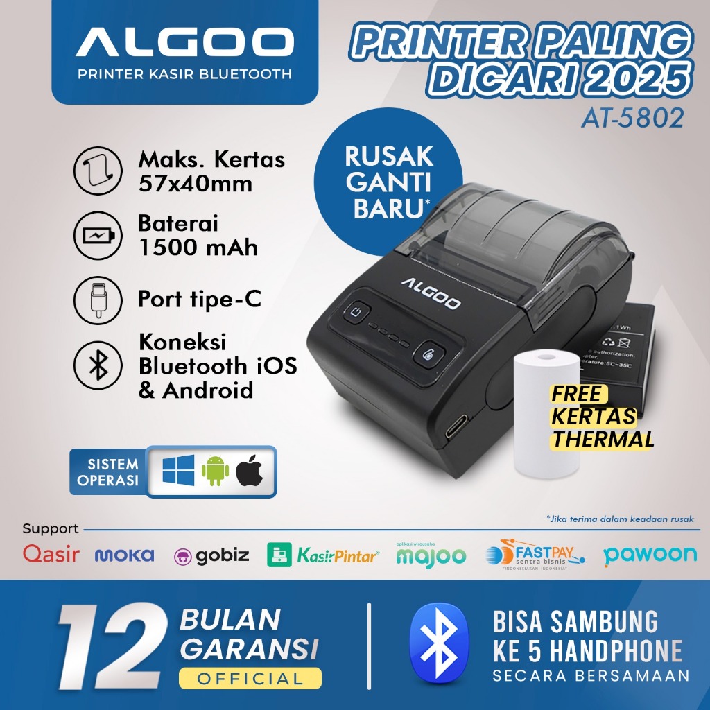 Jual ALGOO Mini Printer Mobile Thermal Kasir Cetak Struk USB BLUETOOTH BATERAI | Shopee Indonesia