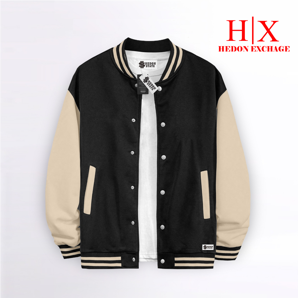 Jual HEDON STATE Jacket Varsity Baseball Kancing Polos Hitam Cream Pria ...