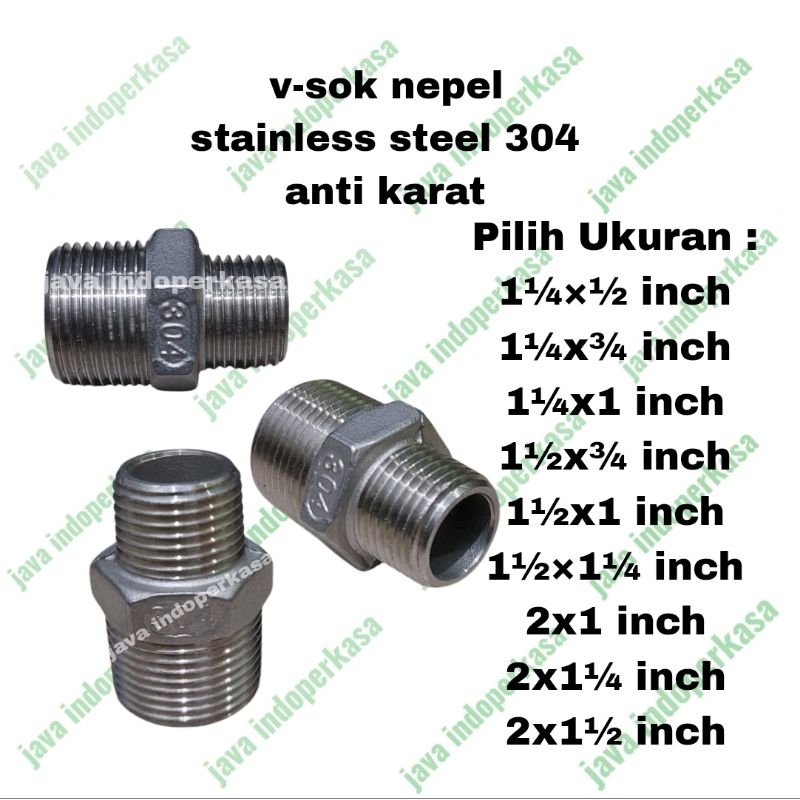 Jual v-sok nepel stainless steel sus ss 304 anti karat sambungan pipa drat luar kanan kiri ...