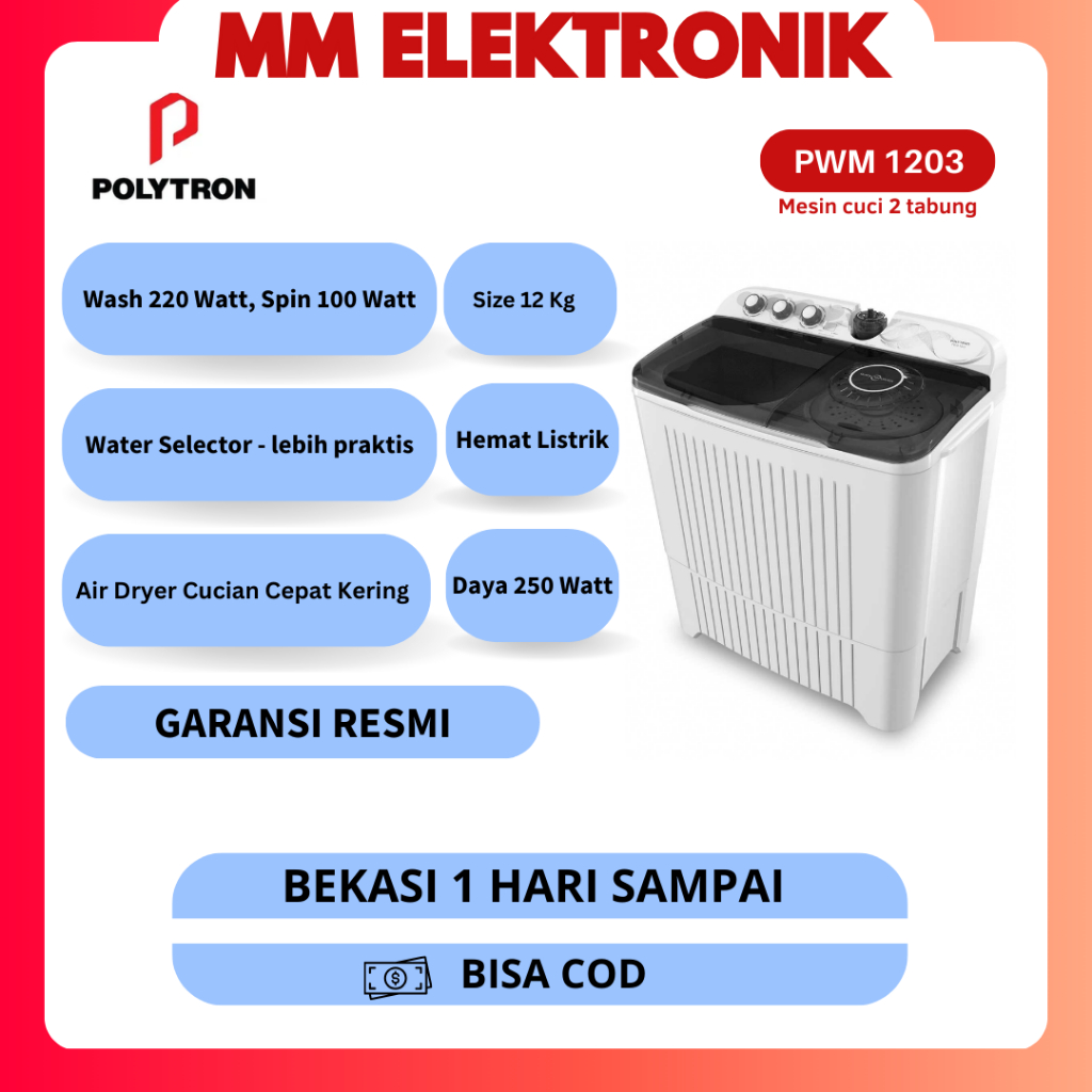 Jual MESIN CUCI POLYTRON PWM 1203 12KG 2 TABUNG | Shopee Indonesia
